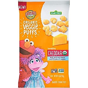 Earth's Best Organic Kids Snacks, Sesame Street Toddler Snacks, Organic Cheddar Veggie Puffs, Gluten Free Snacks for Kids 2 Years and Older, Cheddar, 1.55 oz Bag