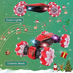 IQKidz Gesture Sensing RC Stunt Car - Christmas Red, Best Birthday Gifts for Kids 6-12, Hand Remote Control Double Side Twist Cars Toys with Light Music, 4 WD Drift Off Road for Rotation