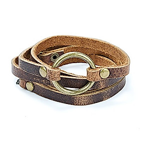 SPUNKYsoul Boho Handmade 5 Wrap Cuff Genuine Leather Antique Gold Circle Adjustable Western Weathered Rustic Bohemian Multi-Layer Bracelet Jewelry Gift for Women (Brown)