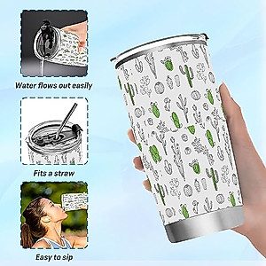 Jihqo Cactus Pattern Tumbler with Lid and Straw, Insulated Stainless Steel Tumbler Cup, Double Walled Travel Coffee Mug Thermal Vacuum Cups for Hot & Cold Drinks 12oz