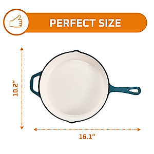 Bruntmor Cast Iron Pan 25cm - Cast Iron Skillet with Pour Spout, Round Frying Pan - Cast Iron Cookware, Crock Pot - Cooking Tools & Kitchen Essentials - Teal