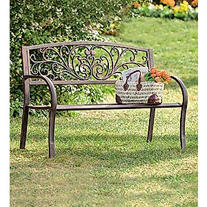 Blooming Patio Garden Bench Park Yard Outdoor Furniture, Iron Metal Frame, Elegant Bronze Finish, Sturdy Durable Construction, Scrollwork Design, Easy Assembly 50 L x 17 1/2 W x 34 1/2 H