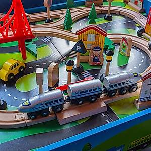 FUNPENY Train Table Toys,Wooden Train Track Railway City Sets Table for Kids Toddlers