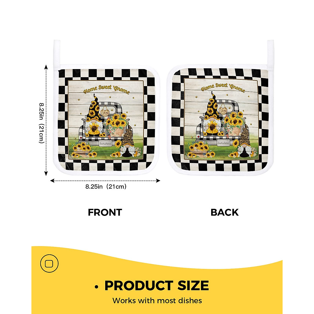 2Pcs Pot Holder with Hanging Loops, Farmhouse Pot Holder Set Cotton Heat Resistant Potholder Kitchen Hot Pads for Baking Cooking 8x8 inches Sunflower Gnome on The Truck with Black White Frame