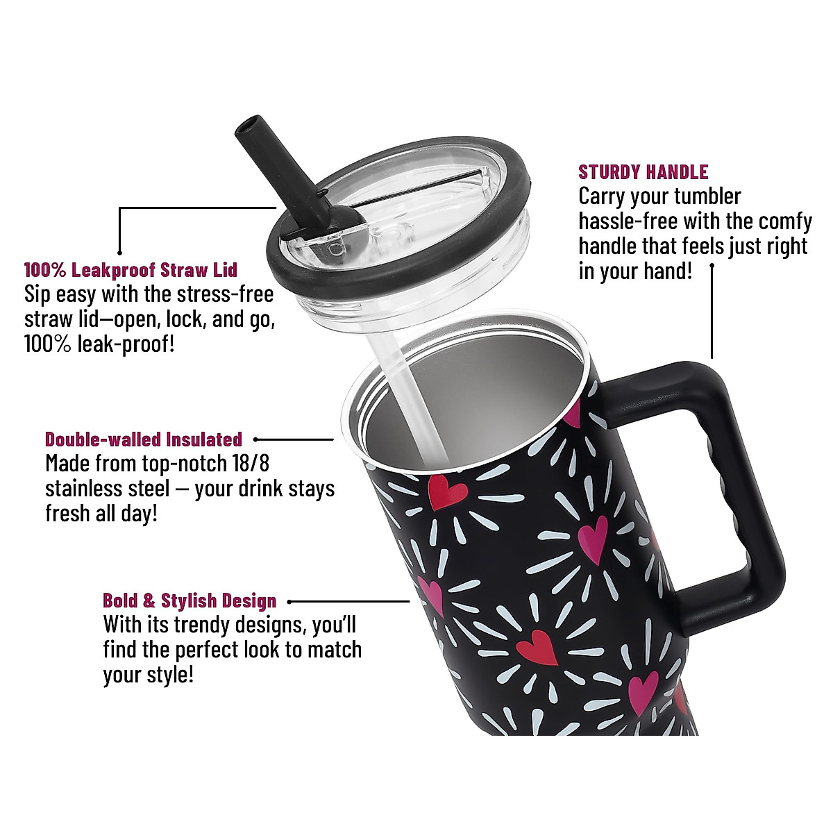 DLOCCOLD 40 oz Tumbler with Handle and Flip Straw, 100% Leak Resistant Leak-Proof Tumbler with Lid and Straw, Insulated Stainless Steel Travel Coffee Mug, Keeps Cold or Hot, Car Cupholder Friendly