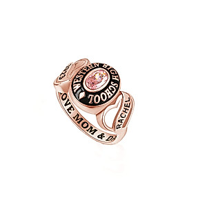 PJM Customized Sterling Silver Ladies High School Class Ring – Heart Deco Collection – Fully Personalized (Sterling Silver Rose Gold, 5.5)