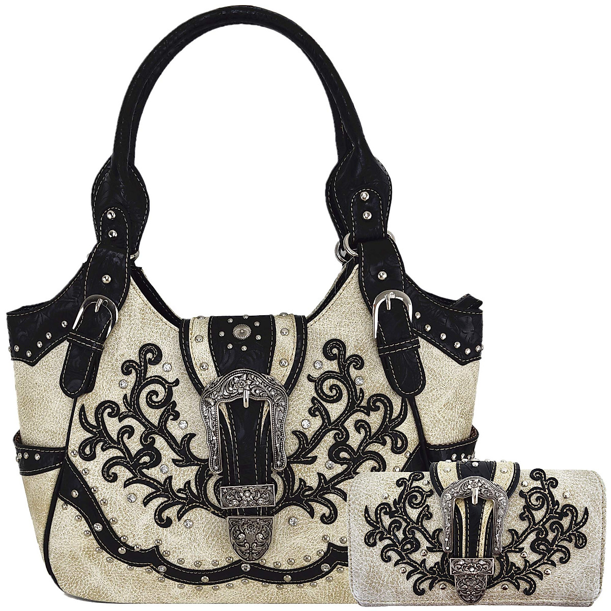 Western Style Tooled Leather Buckle Concealed Carry Purse Country Handbag Women Shoulder Bag Wallet Set (Beige Set)