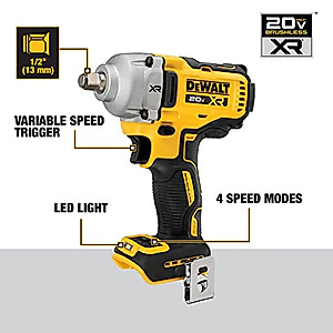DEWALT 20V MAX Cordless Impact Wrench, 1/2" Hog Ring, Includes LED Work Light and Belt Clip, Bare Tool Only (DCF891B)