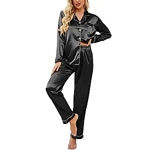 Ekouaer Women's Classic Button Down Long Satin Silk Pajama Set,X-Large,Black