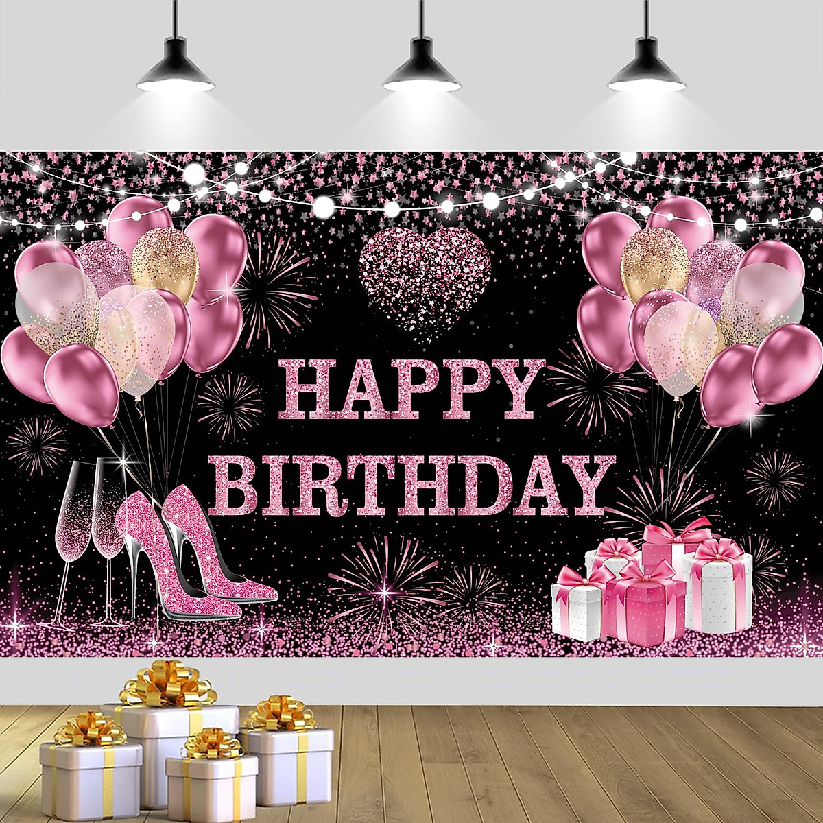 YinQin 180x120 cm Pink Gold Happy Birthday Backdrops Cloth 71x47 in. Birthday Photography Backgrounds Glitter Black Rose Gold Birthday Banners Rose Gold Happy Birthday Sign Decoration for Women Girl