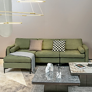 Giantex 97" Large Couch, 3 Seat Sectional Sofa Set, L-Shaped Modular Sleeper with Convertible Chaise Lounge, USB Ports, 3-Hole Socket, Storage Box, 2 Bolsters, Family Apartment Living Room, Green