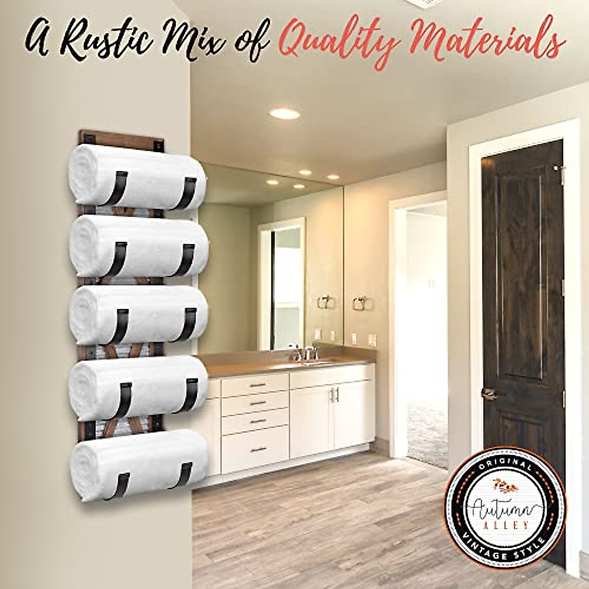 Autumn Alley Farmhouse Towel Holder, Rustic Wine Rack, Rolled Towel Rack, and Wine Holder for Farmhouse Bathroom Accessories Décor, Wall Mounted Towel Rack, Rustic Brown