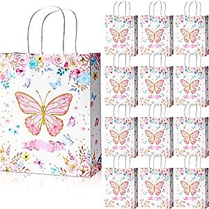 24 Pcs Butterfly Gift Bags Butterfly Treat Bags Bridal Goodie Bags Candy Bags Butterfly Flower Gift Wrap Bags with Handle Kraft Paper Bags Butterfly Party Favors for Wedding Birthday Party Baby Shower