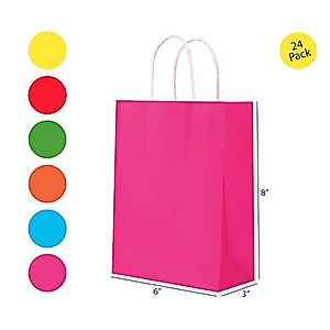 Colorful Gift Bags, 6 Colors 6”x3”x8” 24 PACK, Kraft Paper Party Favor Bags with Handles, Bulk Pack Rainbow Goodie Bags for Birthdays, Gifts, Weddings, Baby Showers, and Celebrations