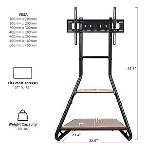VIVO Corner TV Floor Stand, 37 to 75 inch LED LCD Screen TV Display Mount, Height Adjustable, 2 Storage Platforms, Max VESA 600x400mm, Dark Walnut Shelves, Black Frame, STAND-TV75BH