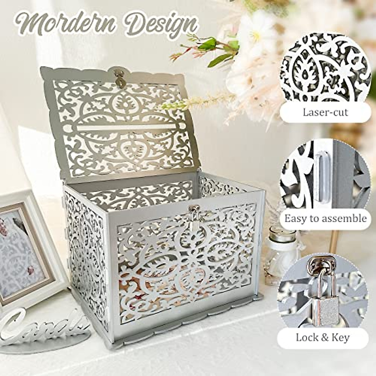 OurWarm Silver Wedding Card Box for Wedding Reception, Wooden Card Boxes with Lock, PVC Gift Card Box Money Holder for Reception Anniversary Shower Rustic Wedding Decorations Birthday Graduation