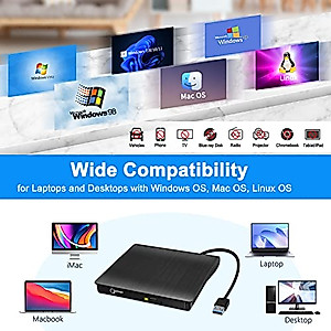 Gotega External DVD Drive, USB 3.0 Portable CD/DVD +/-RW Drive/DVD Player for Laptop CD ROM Burner Compatible with Laptop Desktop PC Windows Linux OS Apple Mac Black