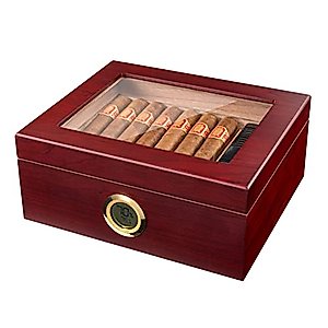 Mantello Humidor Cigar Box, Royal Glass-Top Cigar Humidors- Gifts for Men - Cigar Humidor Box for 25-50 Cigars with Digital Hygrometer & Divider - Spanish Cedar Wood Interior, Rich Cherry Finish