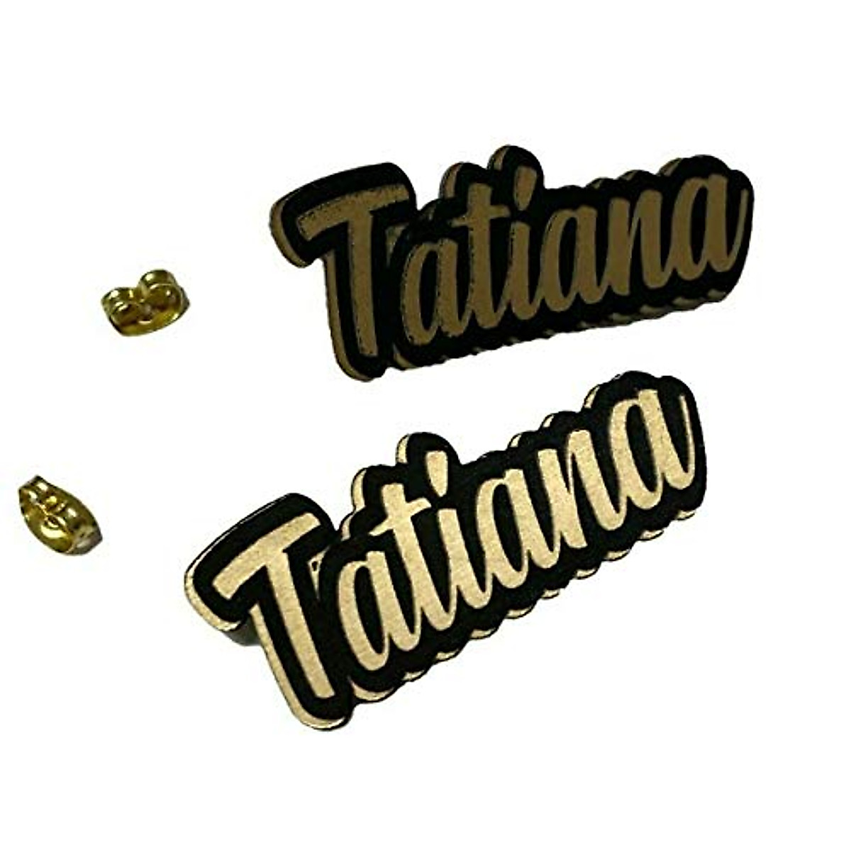 Personalized Custom Black and Gold Posts Studs Earrings Name Plate Laser Cut Design Stunning - Quality, Attractive Fashion Earrings, Made To Order, Any Name or Word - 1 INCH Size, Post Earrings Design