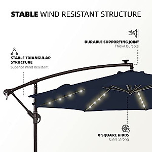 wikiwiki 10 FT Solar Offset Hanging Umbrella, Lighted Patio Cantilever Umbrella with 32 Lights, Infinite Tilt, Fade Resistant RECYCLED FABRIC Canopy & Cross Base, for Yard, Garden & Deck(Navy Blue)