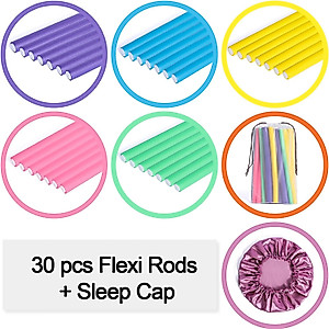 Goodofferplace 30-pack 9.45" Flexi Rods Flexible Curling Rods Twist-flex Bendy Foam Hair Rollers Curlers to sleep in for Short Long Hair with Hair Bonnet Cap