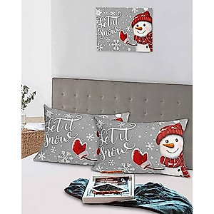 Edwiinsa Christmas Snowman Pillow Covers Standard Size Set of 2 Bed Pillow, Winter Red Snowflake Grey Plush Soft Comfort for Hair/Skin Cooling Pillowcases with Envelop Closure 20x26 Inches