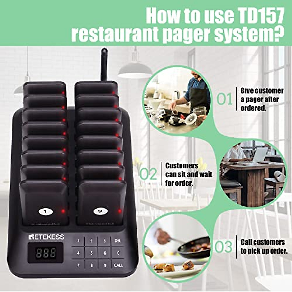 Retekess TD157 Restaurant Pager,Pagers for Restaurants,Touch Keyboard,Only Flash Modes,16 Pagers for Food Truck,Clinic,Coffee Shop,Bar