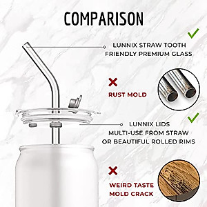 Lunnix Drinking Glasses with Lids and Glass Straw 4pcs Set - 16oz Can Shaped Glass Cups, Beer Glasses, Iced Coffee Glasses, Cute Tumbler Cup, Ideal for Cocktail, Whiskey, Gift, Tea - 1 Cleaning Brush