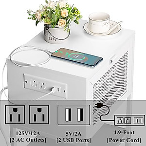 LEBOAHOUS Nightstand with Charging Station and USB Port, 3 Tier Industrial Night Stand, Bedside Table with Flip Storage Drawer and Open Shelf, End Side Table for Bedroom, Office, Dorm 26.2''H (White)