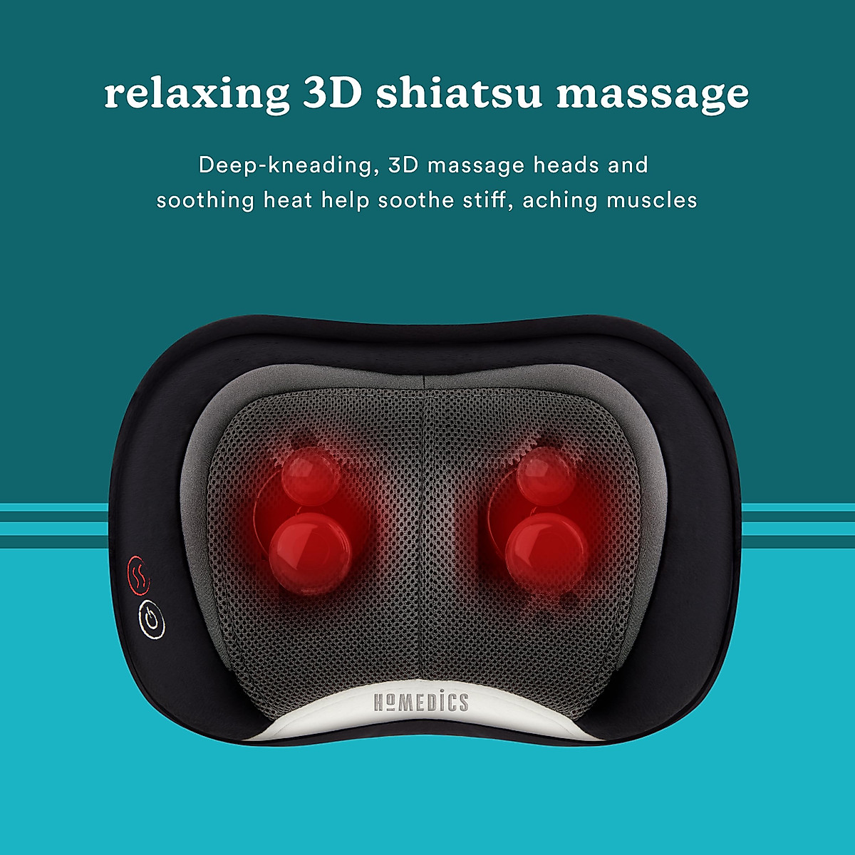 Homedics Back and Neck Massager, Portable Shiatsu All Body Massage Pillow with Heat, Targets Upper and Lower Back, Neck and Shoulders. Lightweight for Home, Office, Travel (Black)