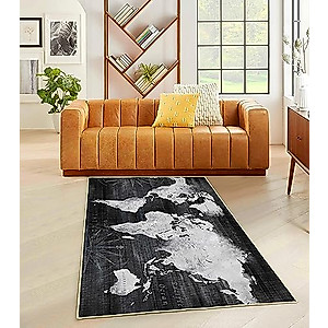 Black Area Rugs for Bedroom, Living Room, World Map Modern Abstract Non-Slip Area Rug Distressed Floor Carpet, 8 x 10 feet