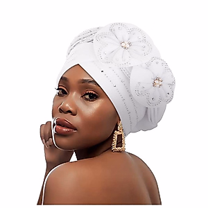 Woeoe Women African Head Wraps White Rhinestones Head Scarf Floral Pearls Beanie Cap Headwear