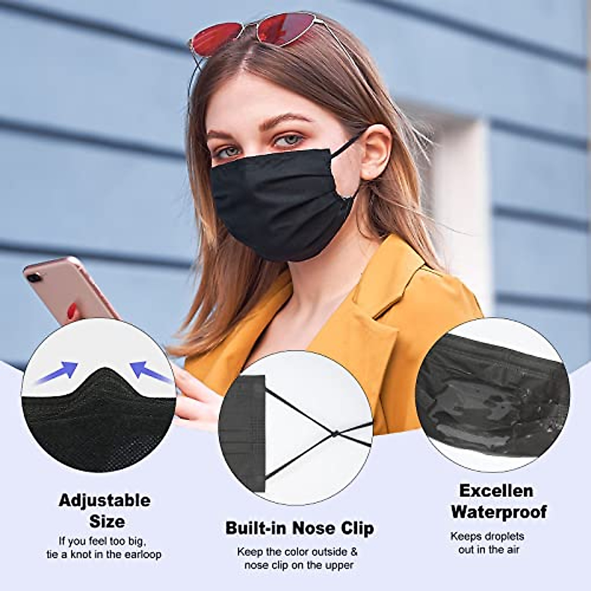 ZD Black Disposable Face Masks 100 Pcs, Breathable Face Mask for Men Women, 3- Ply Comfortable Filter Protection Adult Masks with Adjustable Nose Wire & Elastic Ear Loop