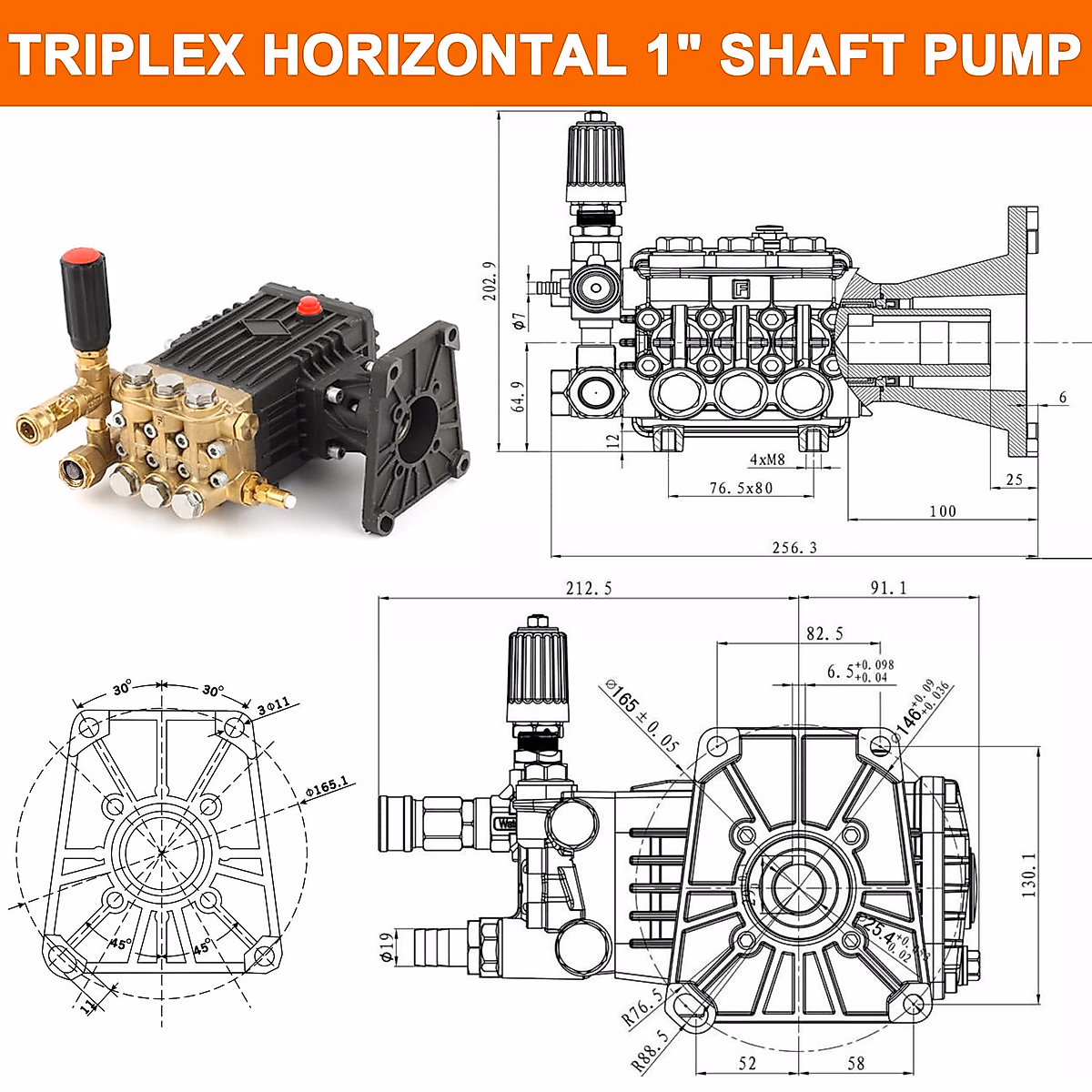 3600 PSI 4.8 GPM Horizontal Triplex Plunger Replacement Pressure Washer Pump Kit 1" Shaft Presssure Washer Pump Pressure Washer Parts with Hardware and Tube for Industrial Gas Powered Machines