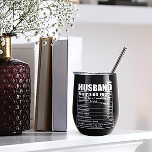 KAIRA Gift for Husband from Wife,Hubby Husband Nutrition Facts Insulated Funny Wine Tumbler,12 Oz with Lid Vacuum Stainless Steel Double Wall Coffee Travel Mug,Idea for Men(Black) (Pack of 1)