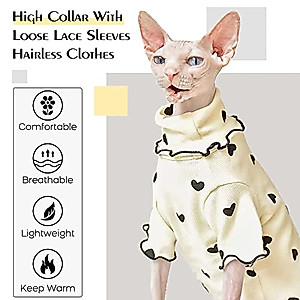 Bonaweite Sphynx Hairless Cats Clothes, Cotton Cute Heart Pattern Sweater T-Shirts with High Collar, Soft Breathable Puff Sleeves Kitten Cat Wear Shirt Apparel for Cornish Rex, Devon Rex, Peterbald