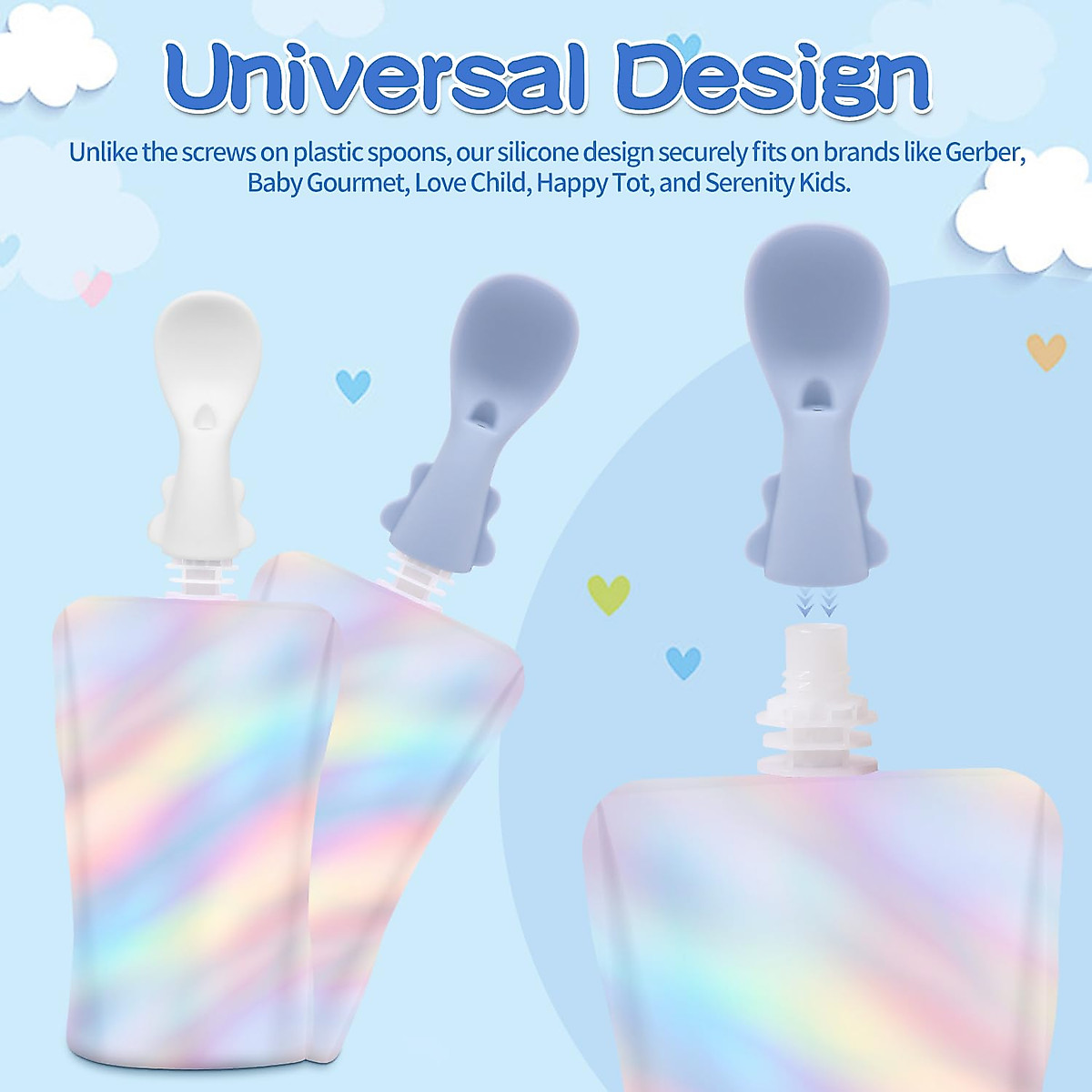 Leak-Proof Silicone Baby Spoon Topper: Easy Attach Spoons for Infant Food Pouches, Includes Baby Spoons, Spoon Silicone, and Squeeze Pouch Attachments, (Blue-White)