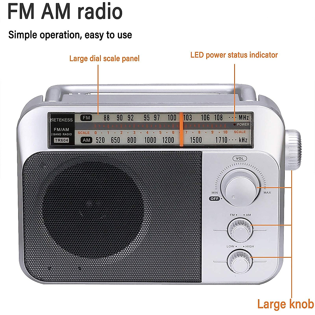 Retekess TR604 AM FM Radio Portable Transistor Analog Radio with 3.5mm Earphone Jack Battery Operated Boombox by 3 D Cell Batteries or AC Power (Silver, AM FM)