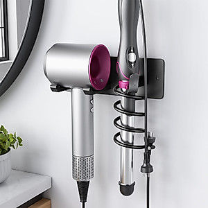Tindbea Hair Dryer Holder + Curling Iron Holder, Matte Black Blow Dryer Holder Wall Mount, Bathroom Hair Tool Organizer Rack for Universal Dryer