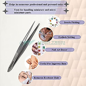 Professional Stainless Steel Set of 3 Tweezers 4.5" with Fine Serrated Precision Straight Tips for Facial Hair, Splinter and Ingrown Hair Removal Used by Women & Men