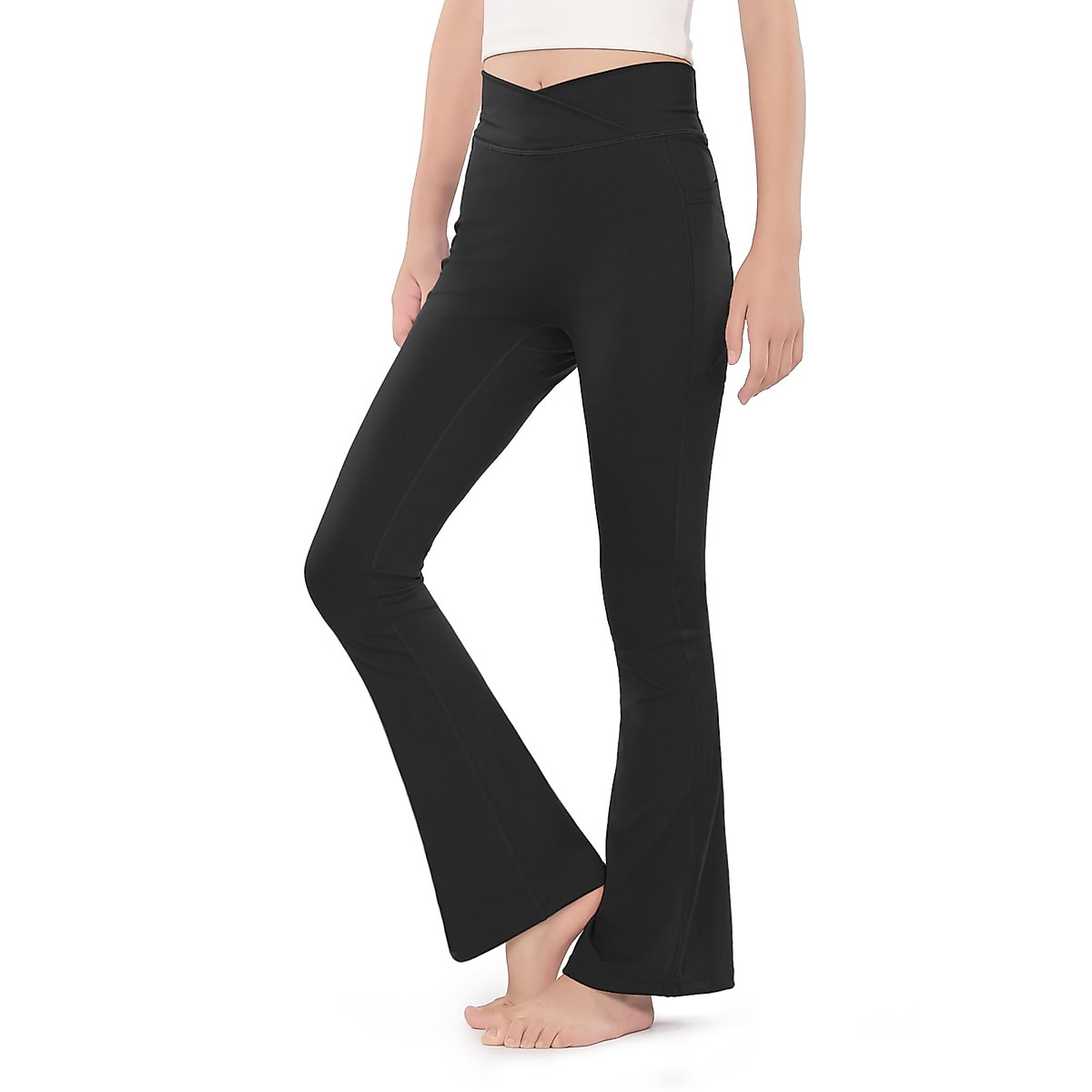 BOOPH Girls Flare Leggings with Pockets Cross High Waisted Yoga Pants Bell Bottoms Athletic Pants 7-8 Years Color Black