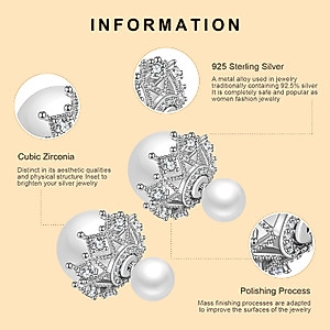 RIMGORIS Double-Sided White Pearl Hollow Zircon White Gold Plated Silver Stud Earrings for Women