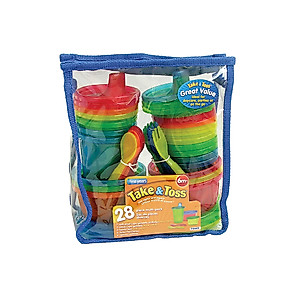 The First Years Take and Toss Toddler Feeding Set — Includes Dishwasher Safe Toddler Bowls, Toddler Snack Cups, Toddler Forks and Spoons, and Toddler Sippy Cups with Snap-On Lids — 28 Count