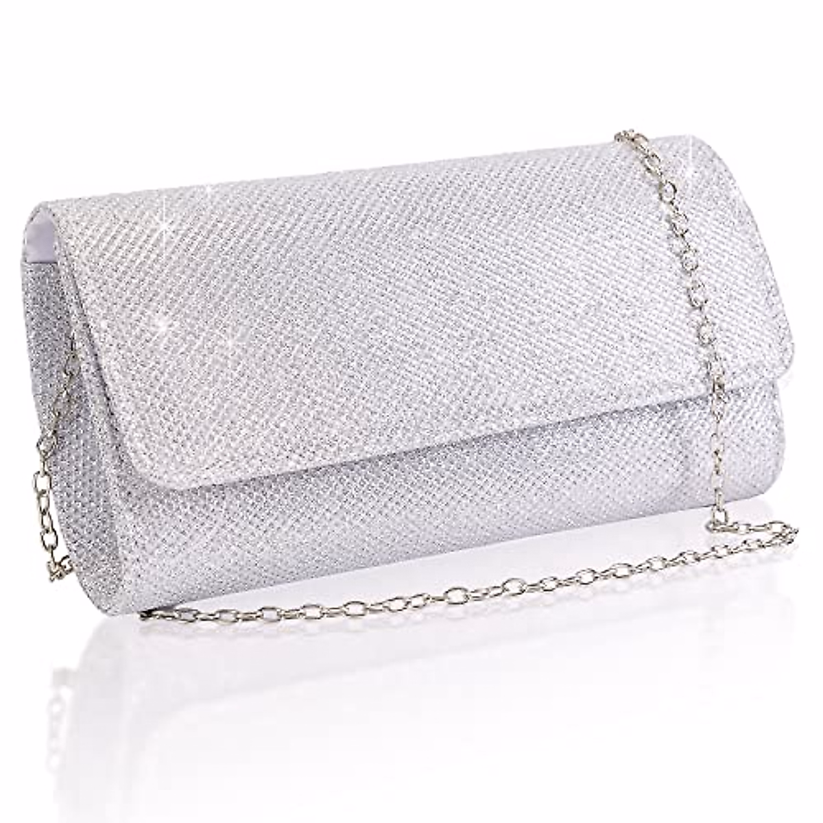 Larcenciel Clutch Purses for Women, Shiny Sequin Envelope Clutch Evening Bag w/Chain, Fashion Shoulder Crossbody Handbags, Elegant Party Prom Purse Bride Wedding Guest Clutch Dress Carry on Bag-Silver