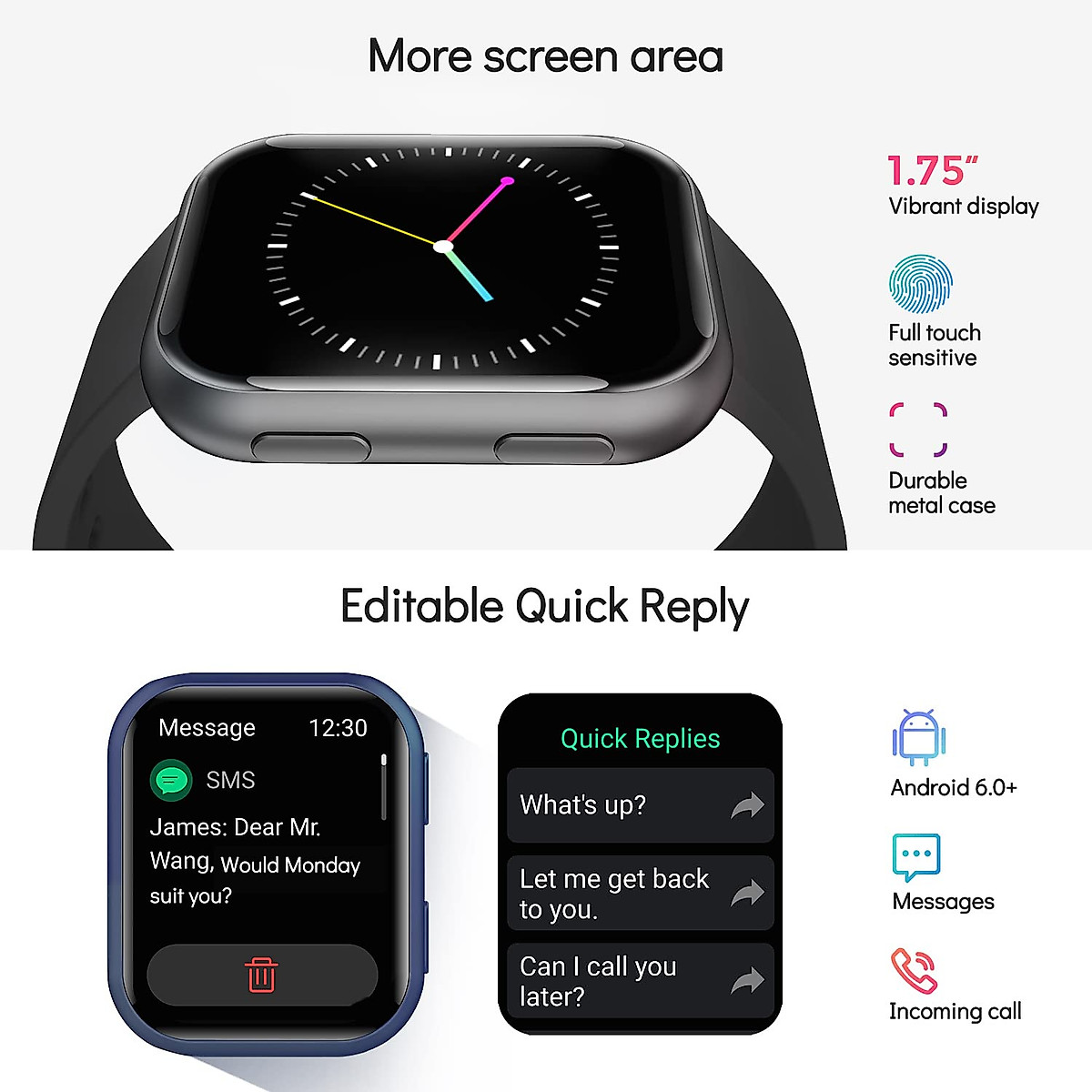 Deeprio Smart Watch for Android Phones iOS 1.75-inch HD Touchscreen 3ATM Waterproof Fitness Tracker Heart Rate Blood Oxygen Sleep Monitor Smartwatch Compatible iPhone Samsung Men Women Blue (SM006)