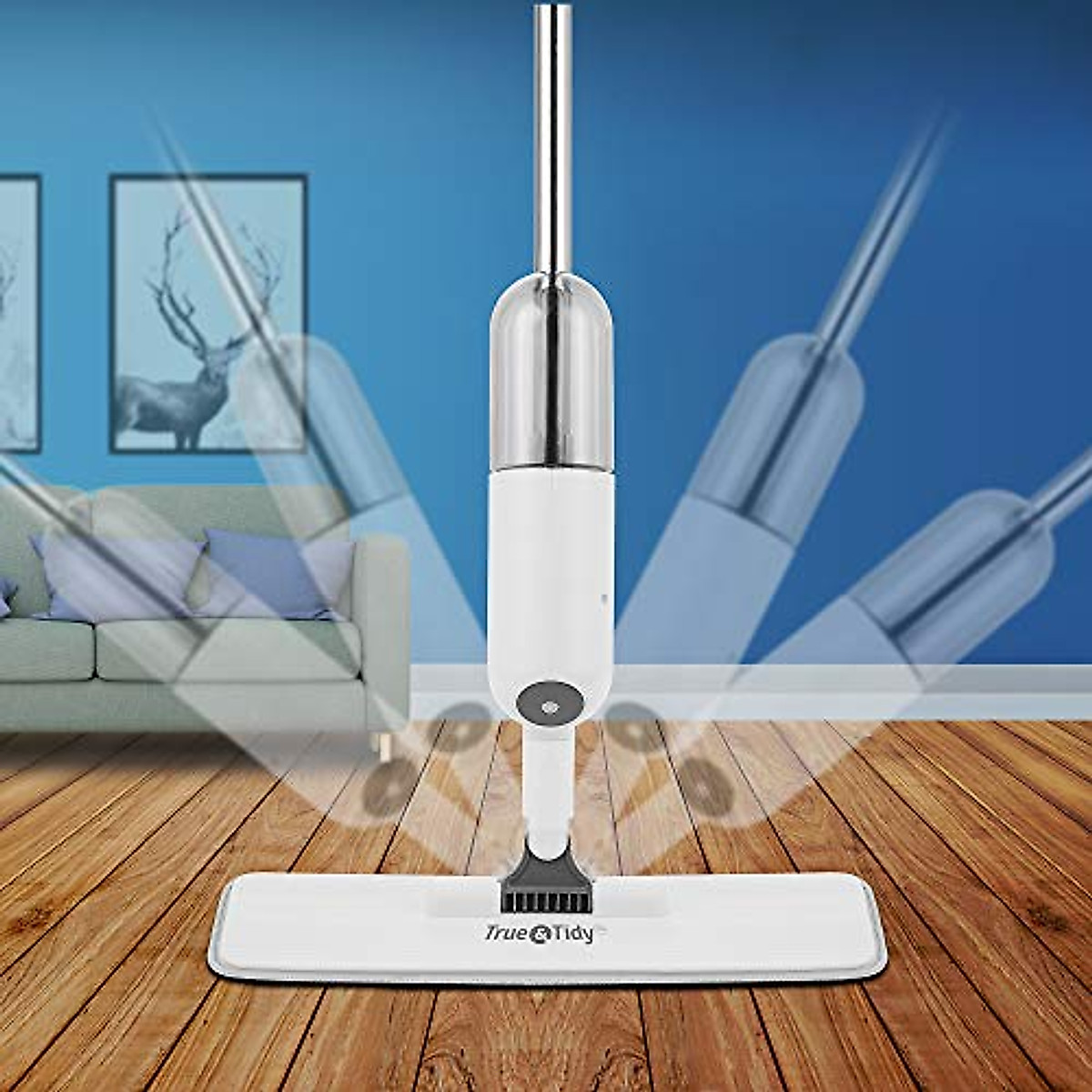 True & Tidy® SPRAY-250 Multi-Surface Spray Mop with Refillable Water Bottle for Floor Cleaning, Works on Wood, Tile, Marble etc, Use Any Cleaning Solution, Machine Washable Microfiber Mop Pads, White