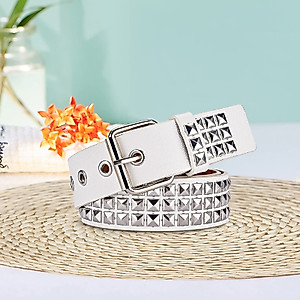 Studded Belt Metal Punk Rock Rivet Belt Emo Pyramid Stud Belt Threads Studded Goth Belt For Women Men Jeans Skirt (white)