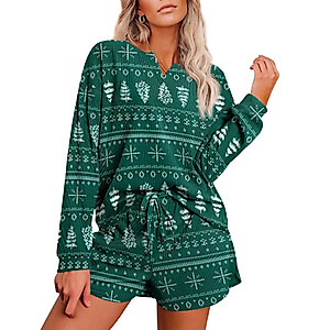 Ekouaer Pajama Set for Women Waffle Knit Lounge Sets Long Sleeve Top and Shorts Matching Loungewear,Christmas Green,L