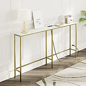 SONGXIN 63 Inch Console Table with Power Outlet,Modern Narrow Long Sofa Table Behind Couch,Skinny Entry Table with Gold Metal Frame for Entryway,Living Room, Hallway,Marble White