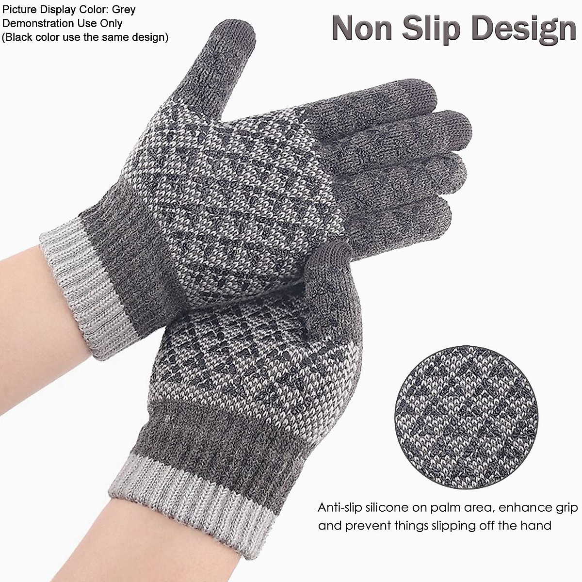 Long Keeper Winter Touchscreen Gloves for Women Men Anti-Slip Touch Screen Knit Warm Thicken Gloves (Black)